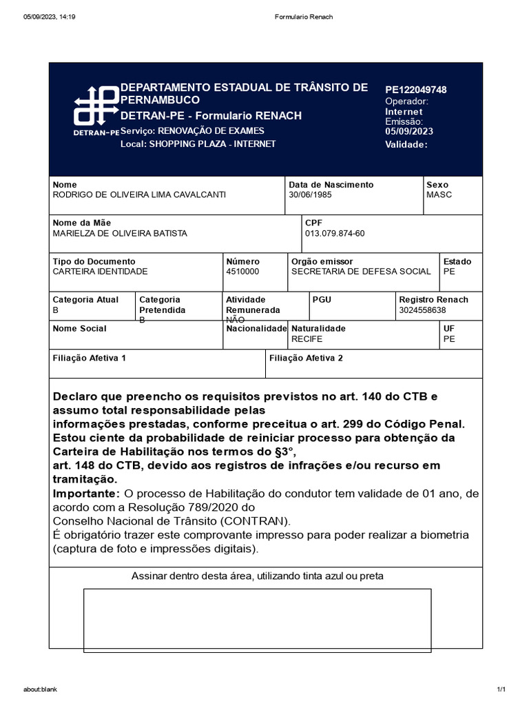 Formulário RENACH para Renovação de Exames | PDF