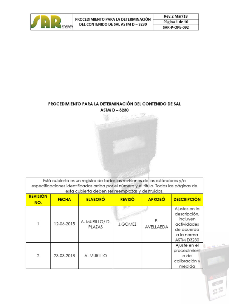 SAR-P-OPE-092 P. DETERMINACION DE SAL EN CRUDO ASTM D-3230 Rev.2 | PDF