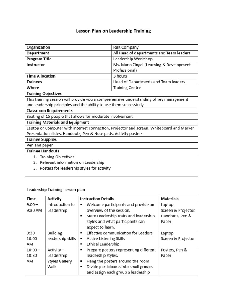 Lesson plan on Leadership Training | PDF | Leadership | Lesson Plan