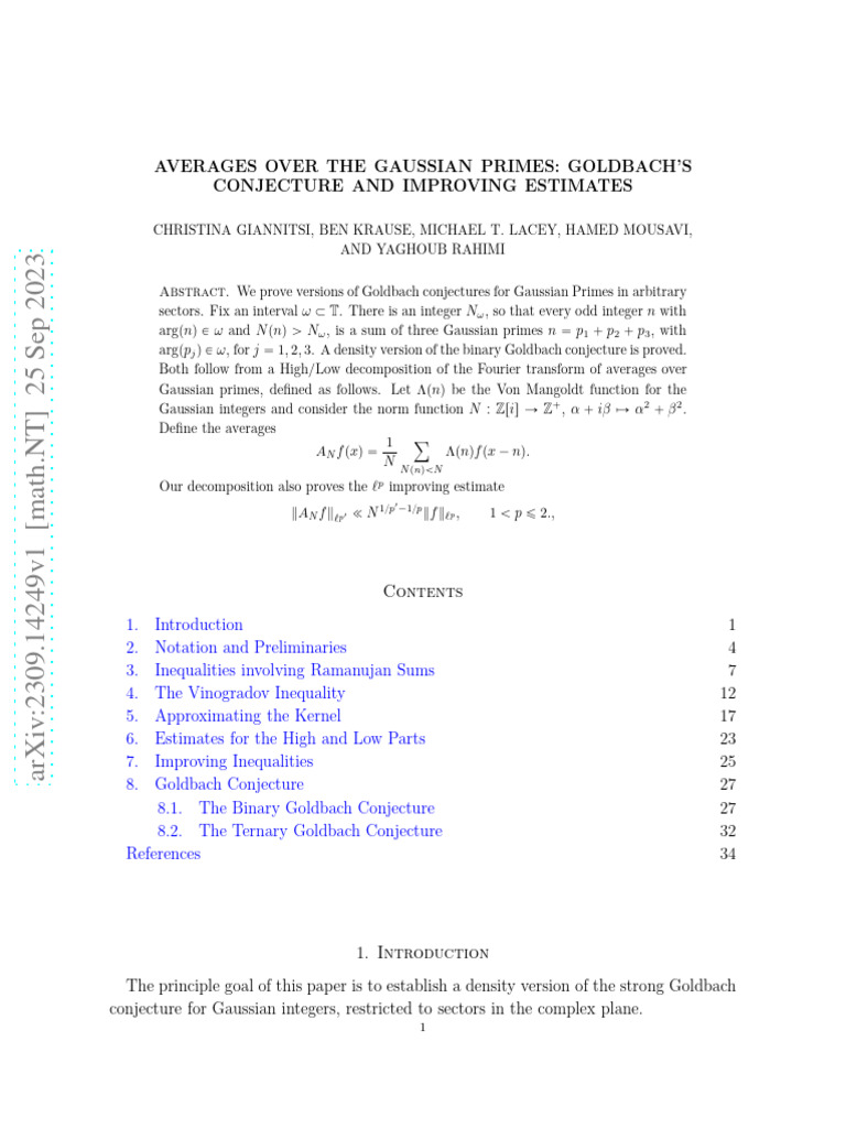 Averages Over The Gaussian Primes: Goldbach's Conjecture and Improving ...