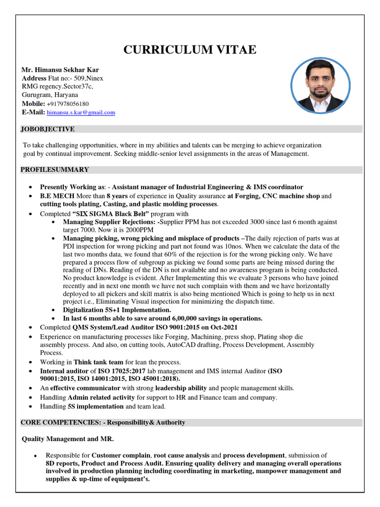 Himansu Sekhar Kar: Industrial Engineer CV | PDF | Audit | Internal Audit