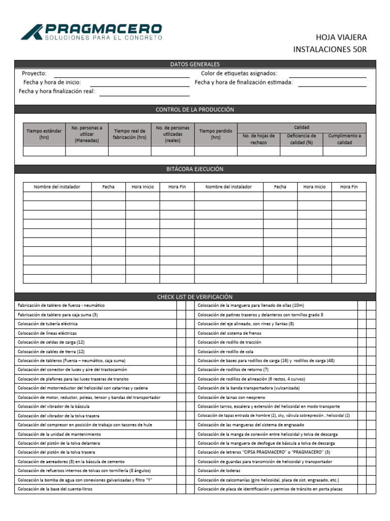 Hoja Viajera Instalaciones 50r | PDF