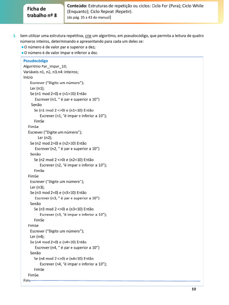 8_Ficha de Trabalho (Corrigida) | PDF