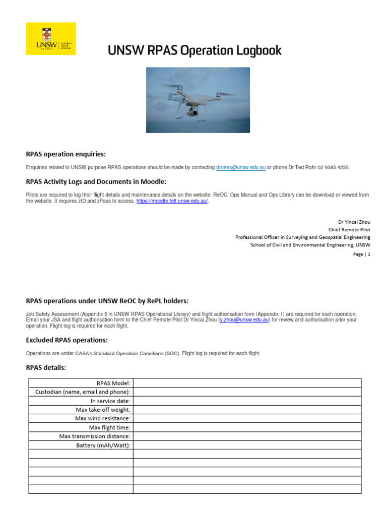 UNSW RPAS Flight Logbook and Checklists | PDF