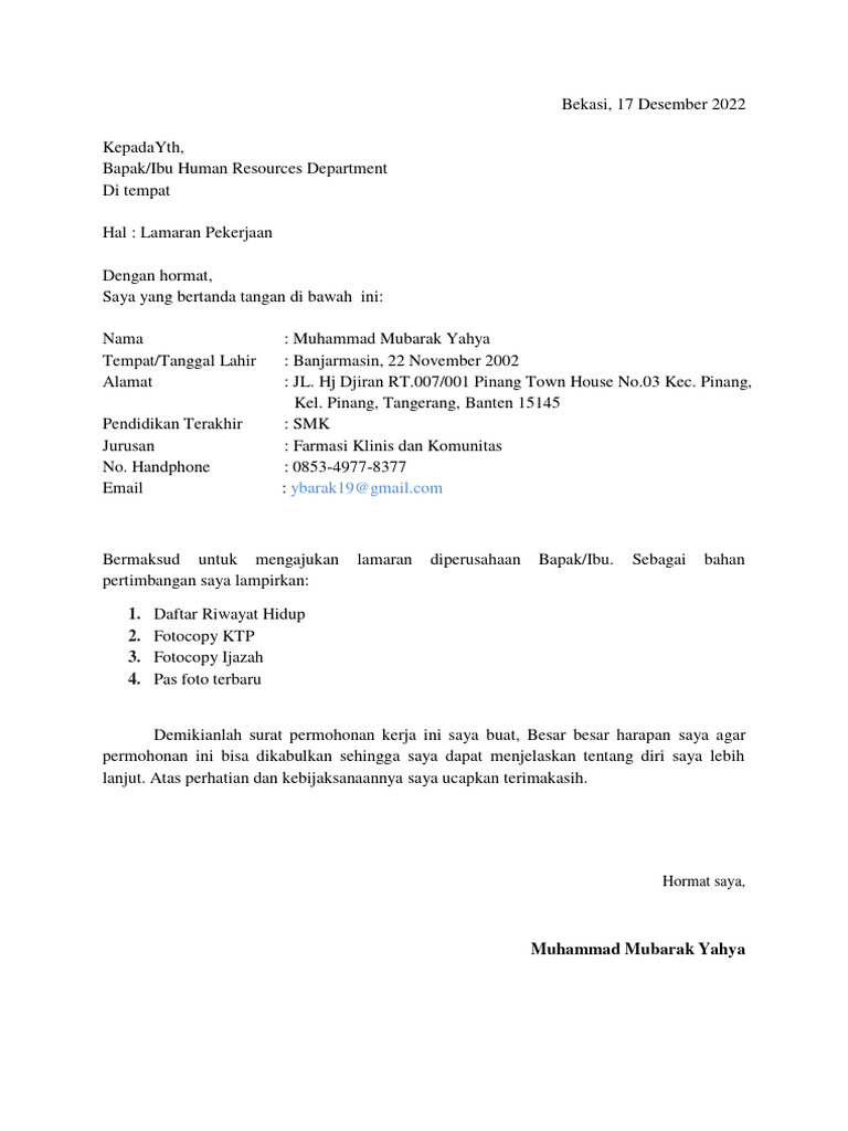Cv&surat Lamaran Muhammad Mubarak Yahya New 2 | PDF