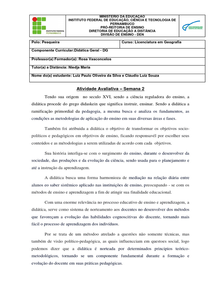 Atividade 02 - Didática Geral | PDF