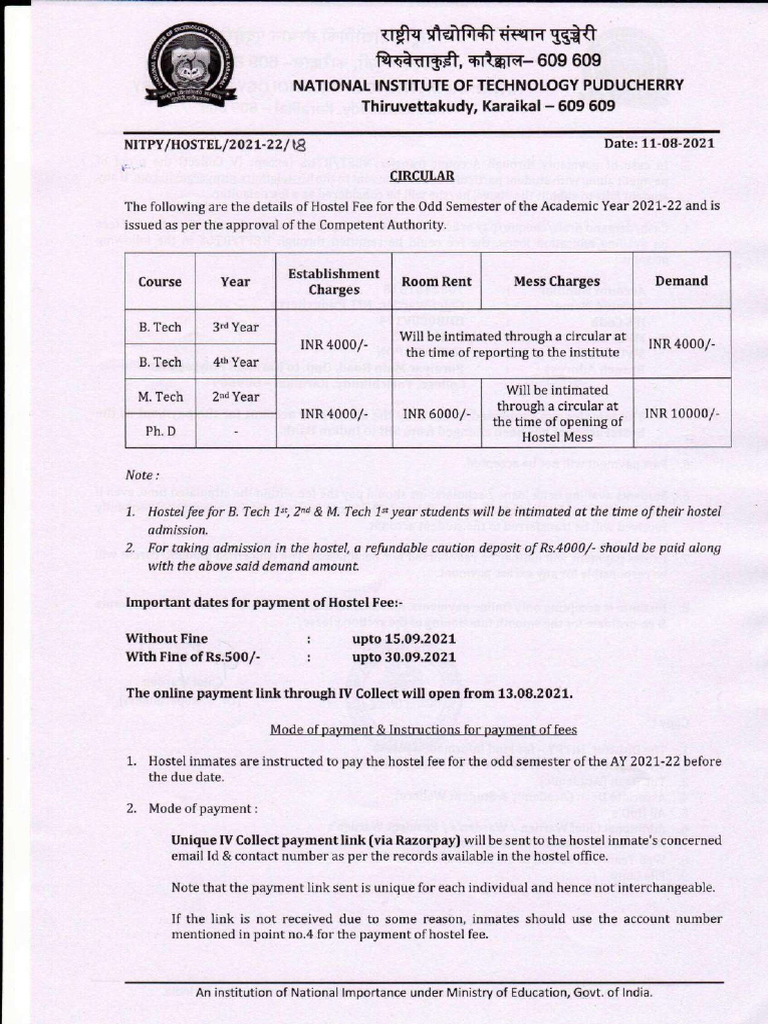 Hostel Fee Circular | PDF