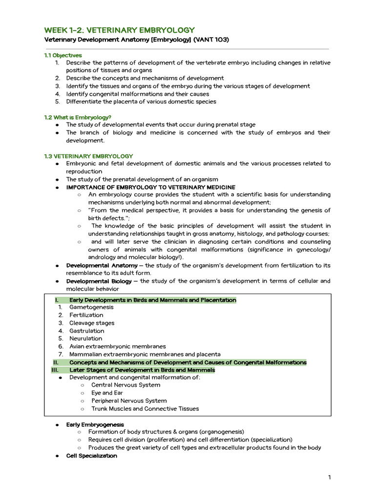 Week 1-2 - Veterinary Embryology Introduction | Download Free PDF ...