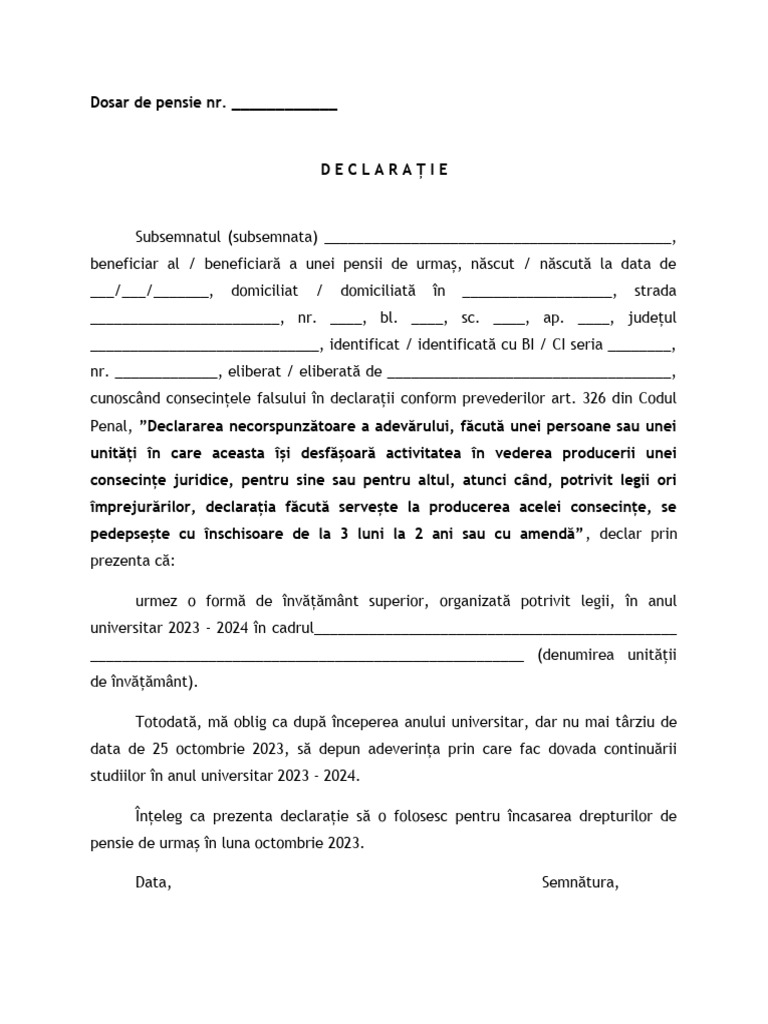 Declaratie Pensie Urmas Student | PDF