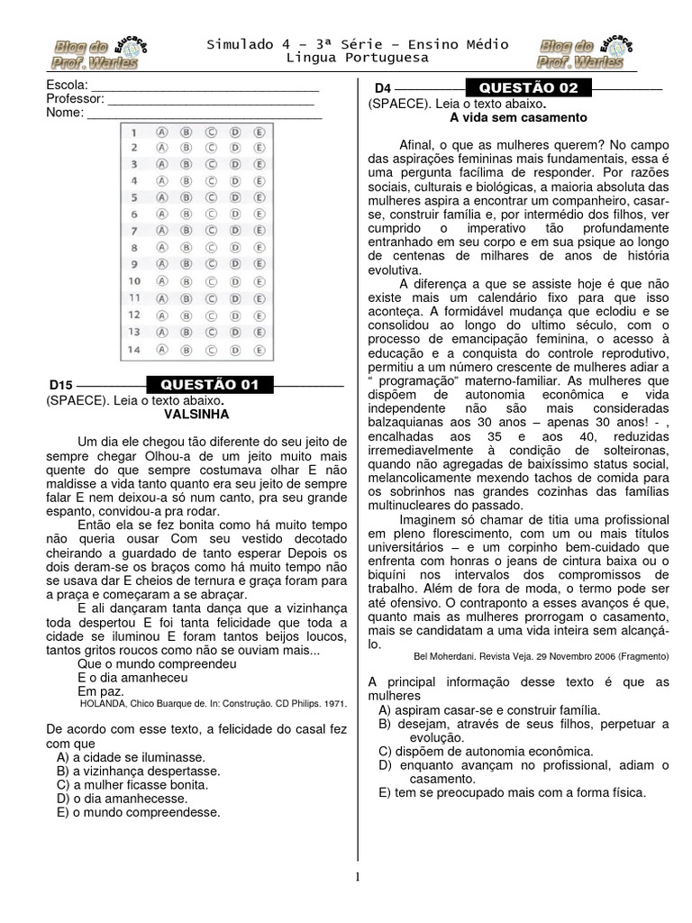 Simulado 18 - (Port. 3 Série E.M - Blog Do Prof. Warles) | PDF