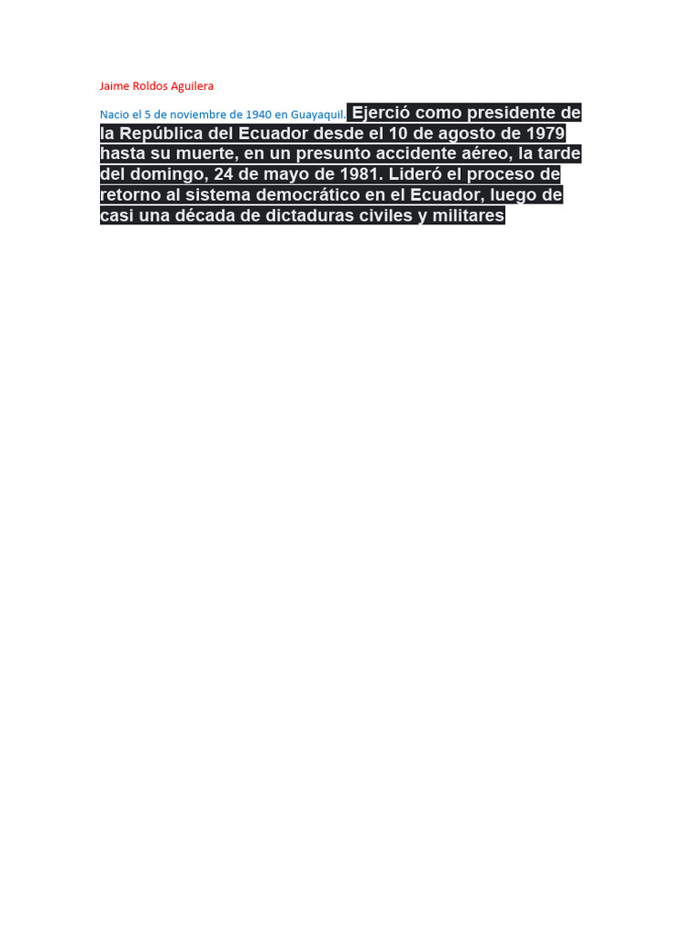 Jaime Roldós: Líder Democrático de Ecuador | PDF