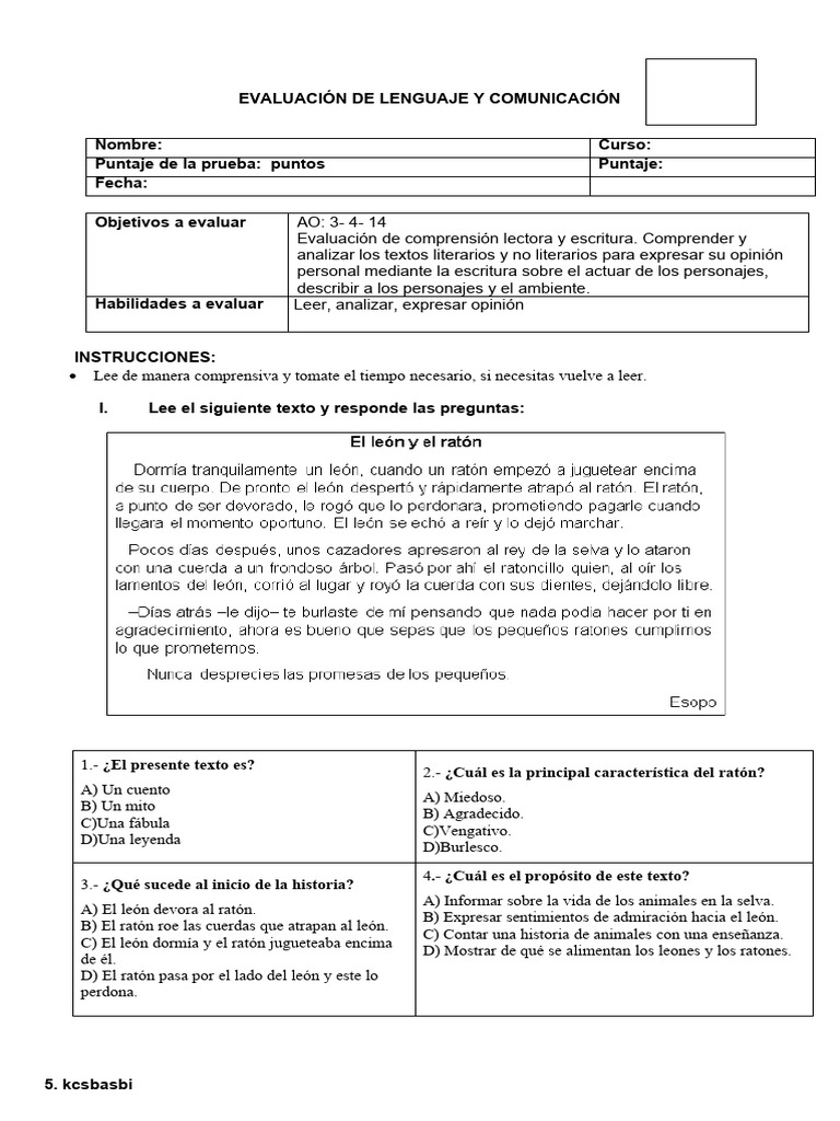 Prueba de Lenguaje 5°básico | PDF
