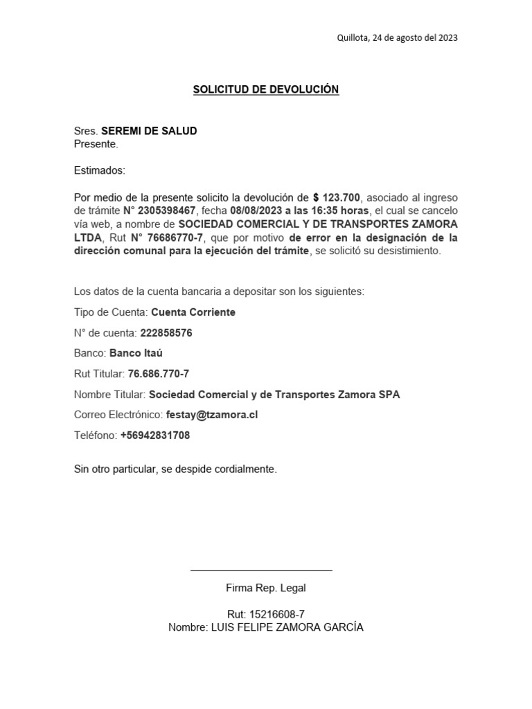 Solicitud de Devolución Desistimiento | PDF | Finanzas y dinero | Derecho