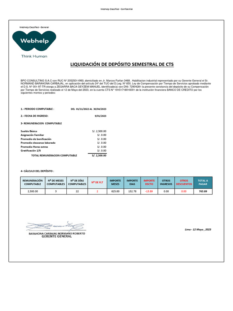 Liquidación de Depósito Semestral de CTS: Webhelp Classified - Confidential | PDF