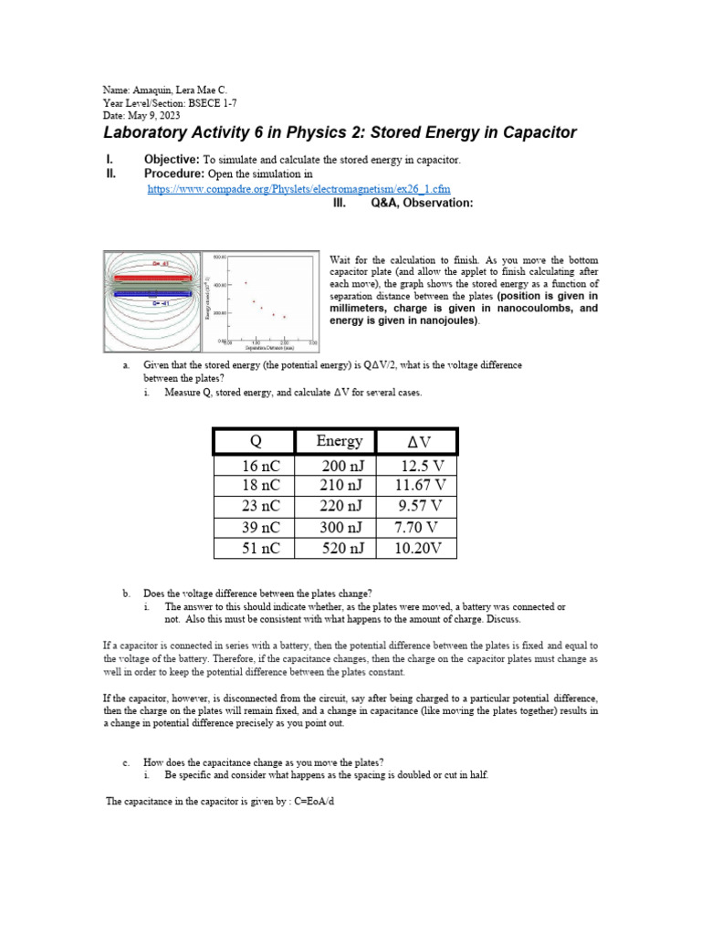 Stored Energy in Capacitors Lab Report | PDF | Capacitance | Capacitor