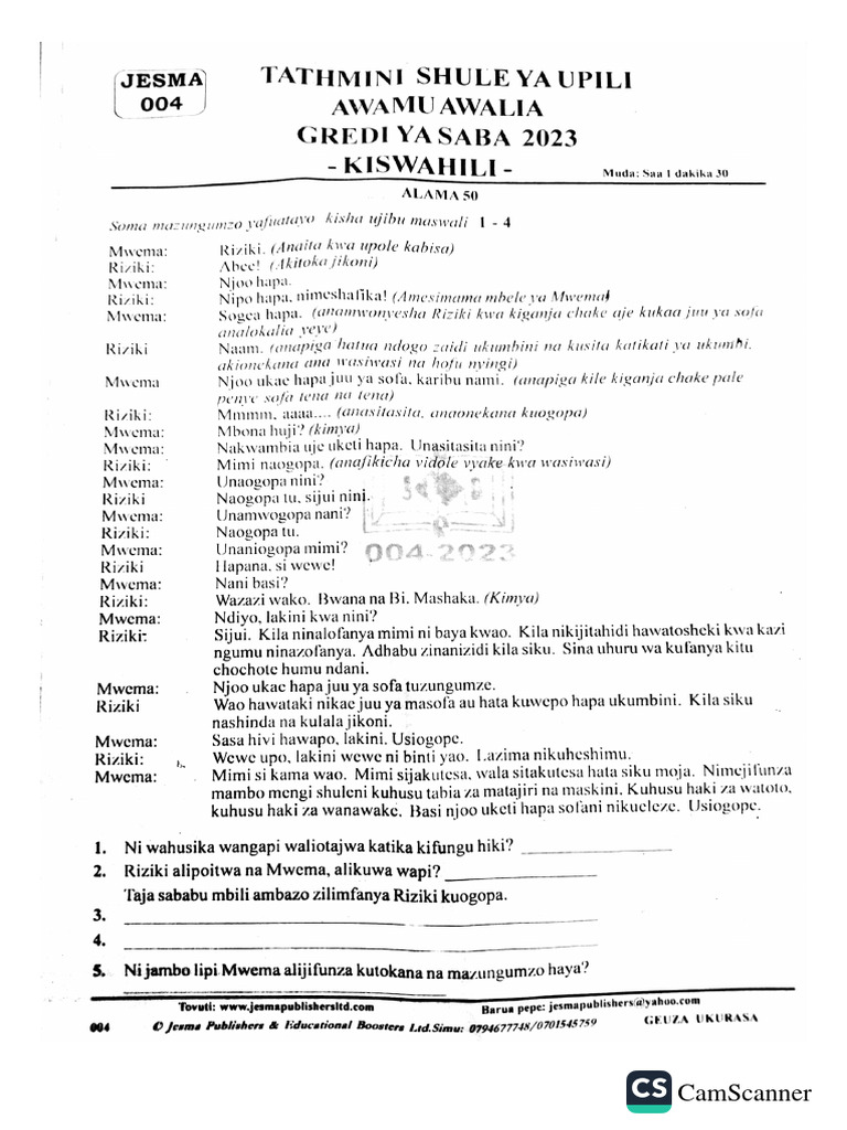 Jesma 004 Kiswahili (1) Exam 2023 | PDF
