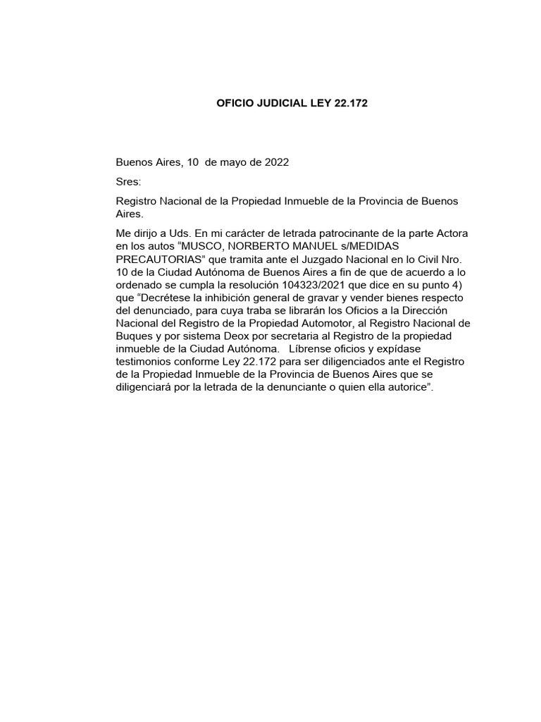 Oficio Ley 22.172 | PDF