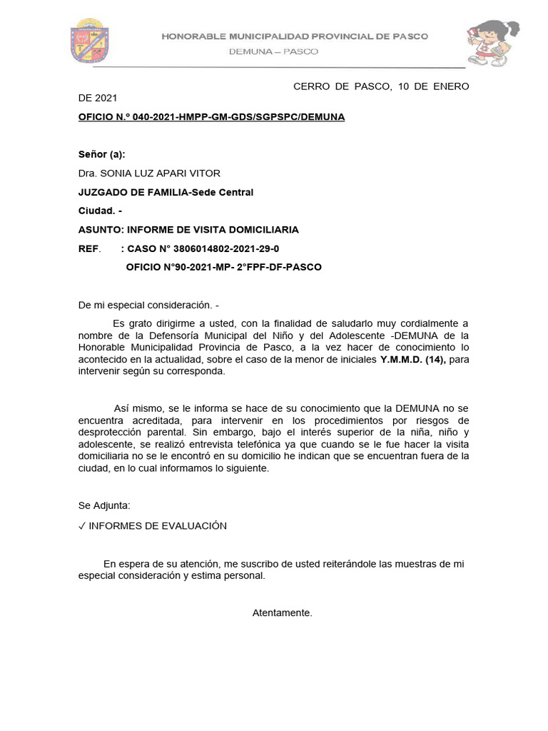 Oficio - Informe de Visita Domiciliaria | PDF