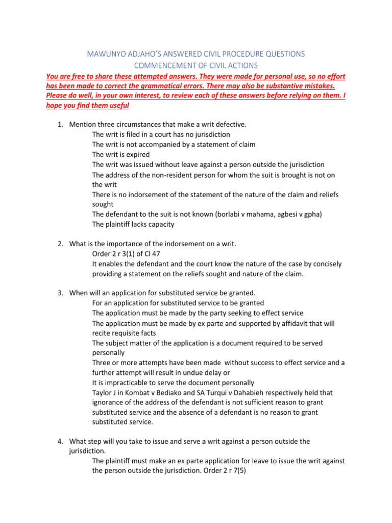 Civil Essay Questions | PDF