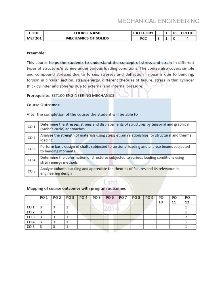 Mechanical Engineering: Code MET201 Course Name Mechanics of Solids ...