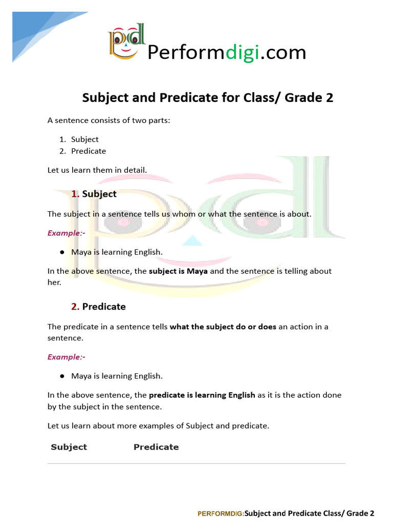 Subject and Predicate For Class 2 1 | PDF