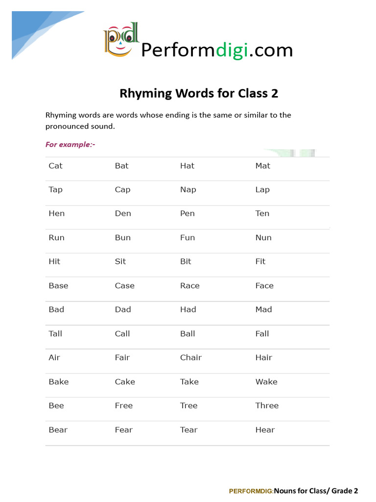 Rhyming Words For Class 2 | PDF