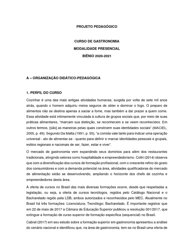 Síntese Projeto Pedagógico GASTRONOMIA - 2020-2021 - FINALIZADO | PDF
