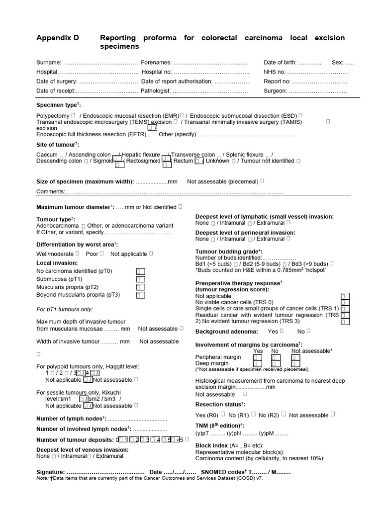 Appendix D Reporting Proforma For Colorectal Carcinoma Local Excision ...