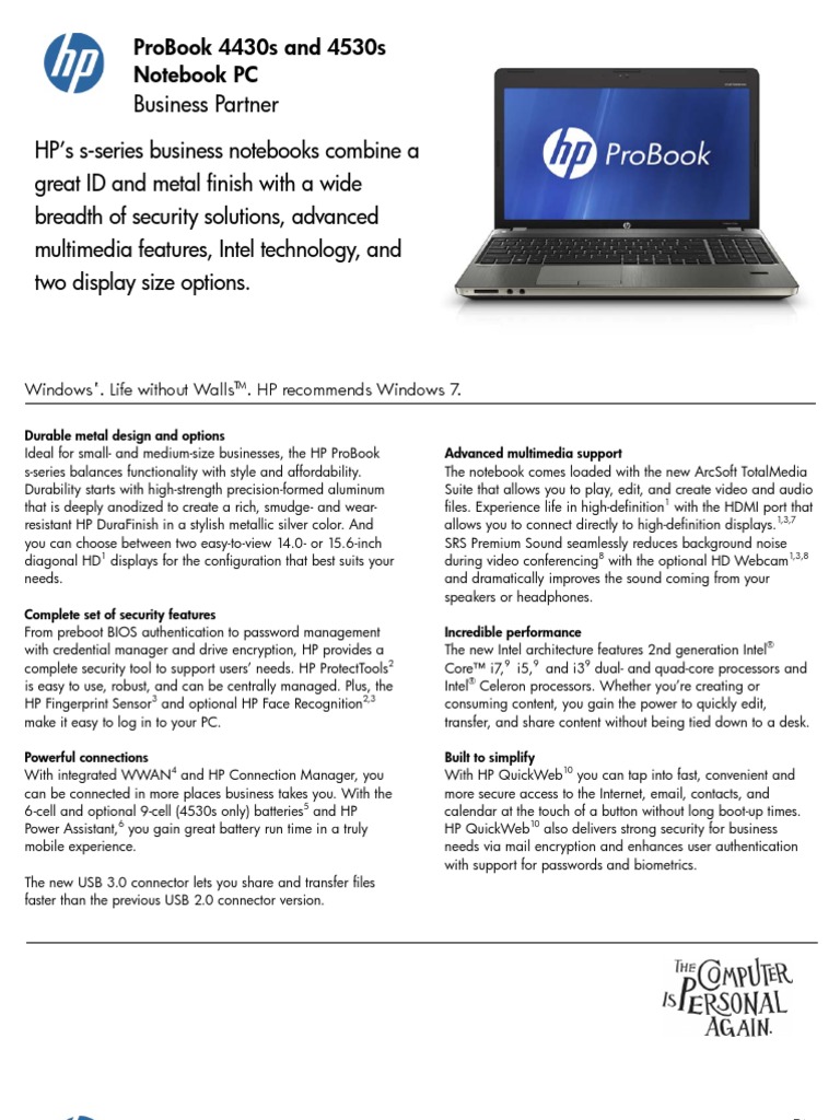 HP ProBook 4430s 4530s Notebook PC Datasheet | Windows 7 | Microsoft ...