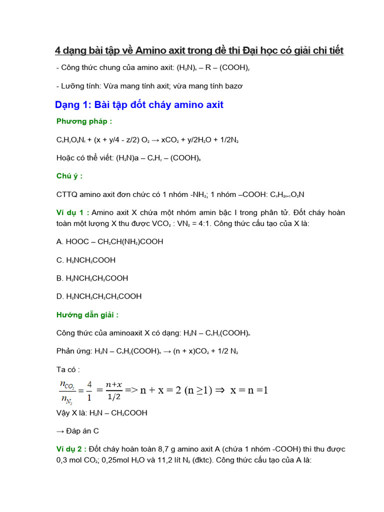 4 Dạng Bài Tập Về Amino Axit Trong Đề Thi Đại Học Có Giải Chi Tiết | PDF