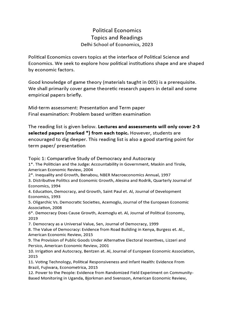 Political Economics: Key Topics & Readings | PDF | Finance & Money ...