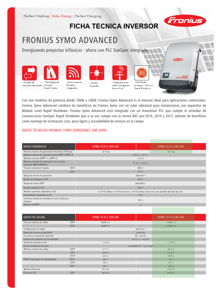 FICHA TECNICA - FRONIUS SYMO ADVANCED 12 | PDF | Ingeniería Informática ...