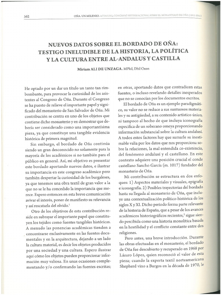 Miriam Ali de Unzaga, Nuevos Datos Sobre El Bordado de Oña. Testigo ...