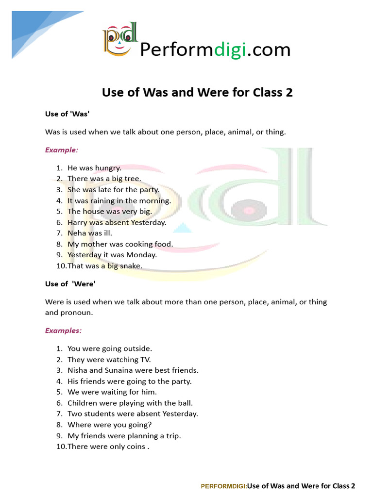 Use of Was and Were For Class 2 | PDF