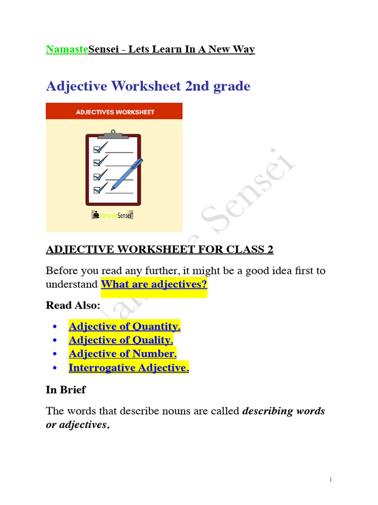 Adjective Worksheet For Class 2 | PDF