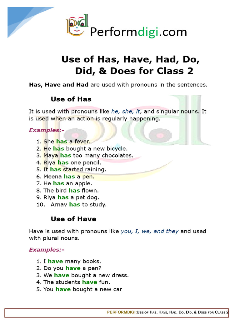 Use of Has Have Had Do Did Does For Class 2 1 | PDF