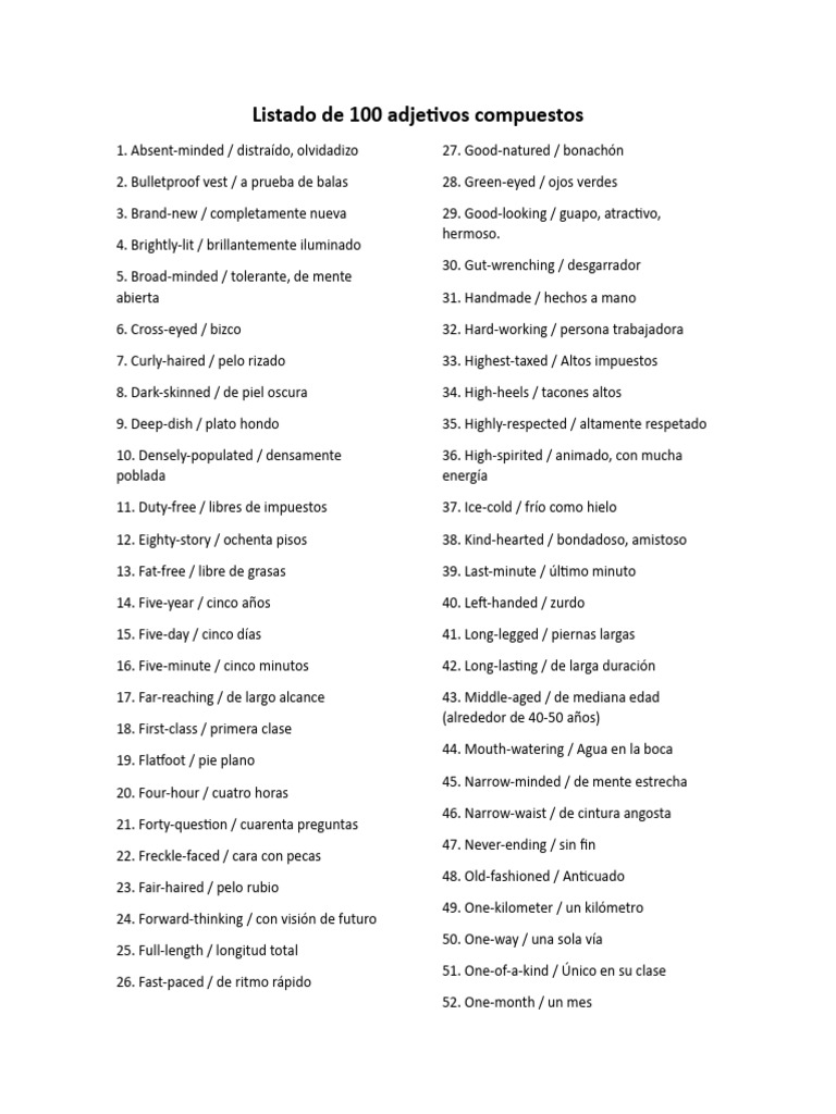 Listado De 100 Adjetivos Compuestos Pdf
