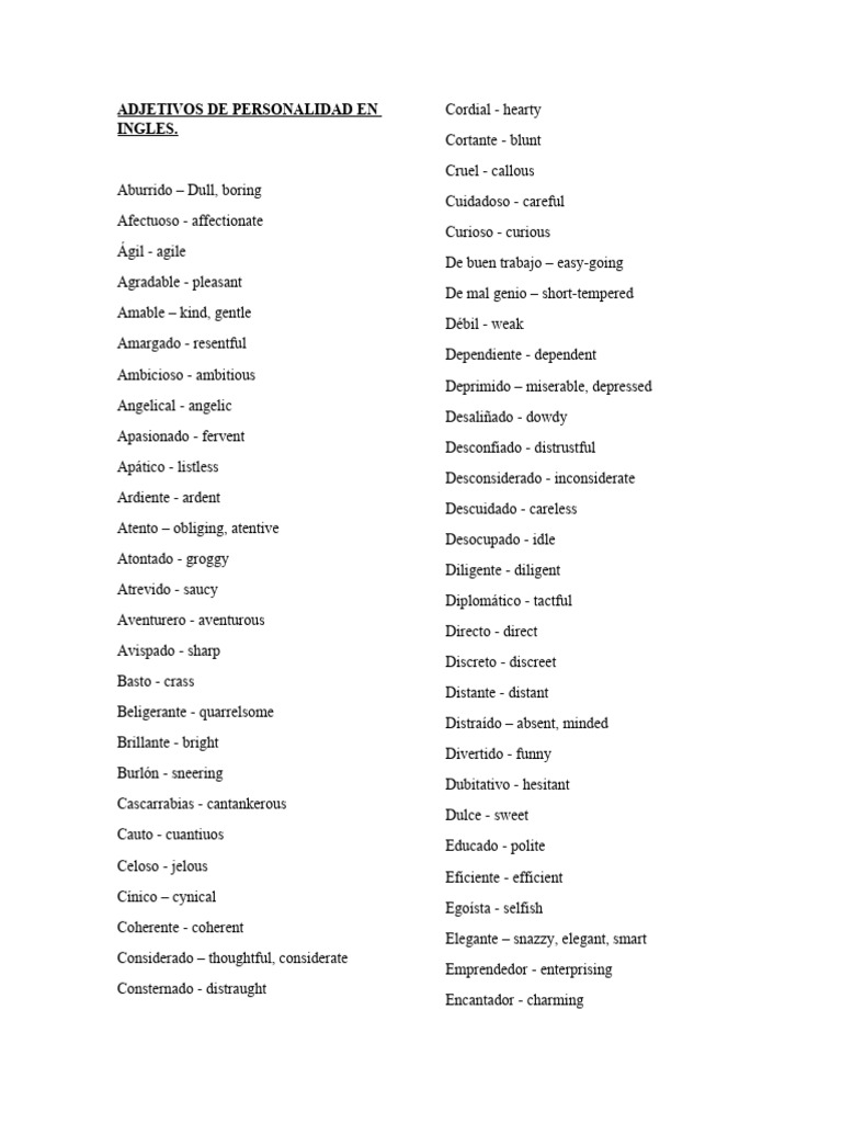 Adjetivos de Personalidad en Inglés | PDF
