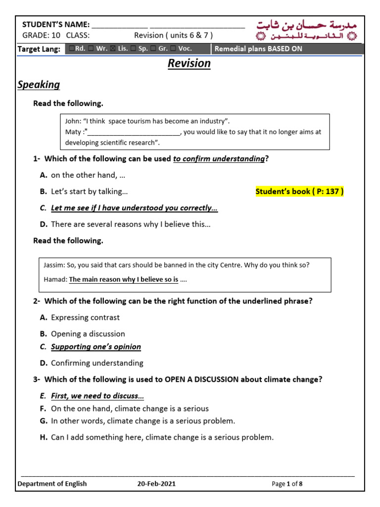 revision sheet grade 10 second mid term ( answered ) | PDF