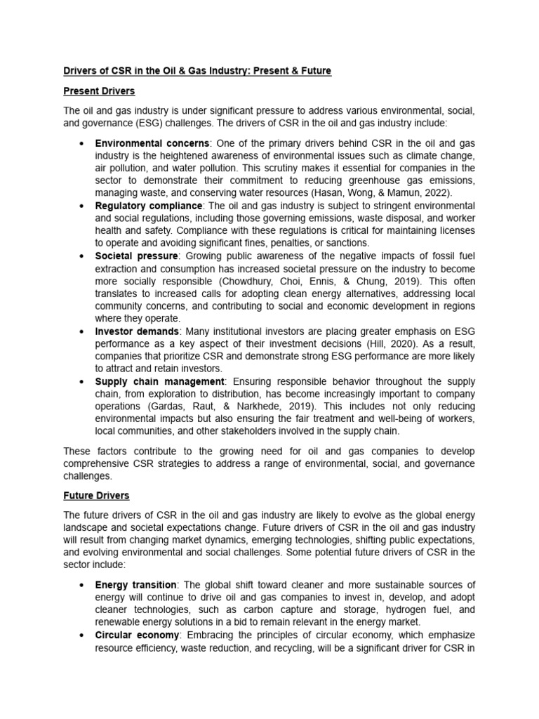 Drivers of CSR in The Oil & Gas Industry: Present & Future Present ...