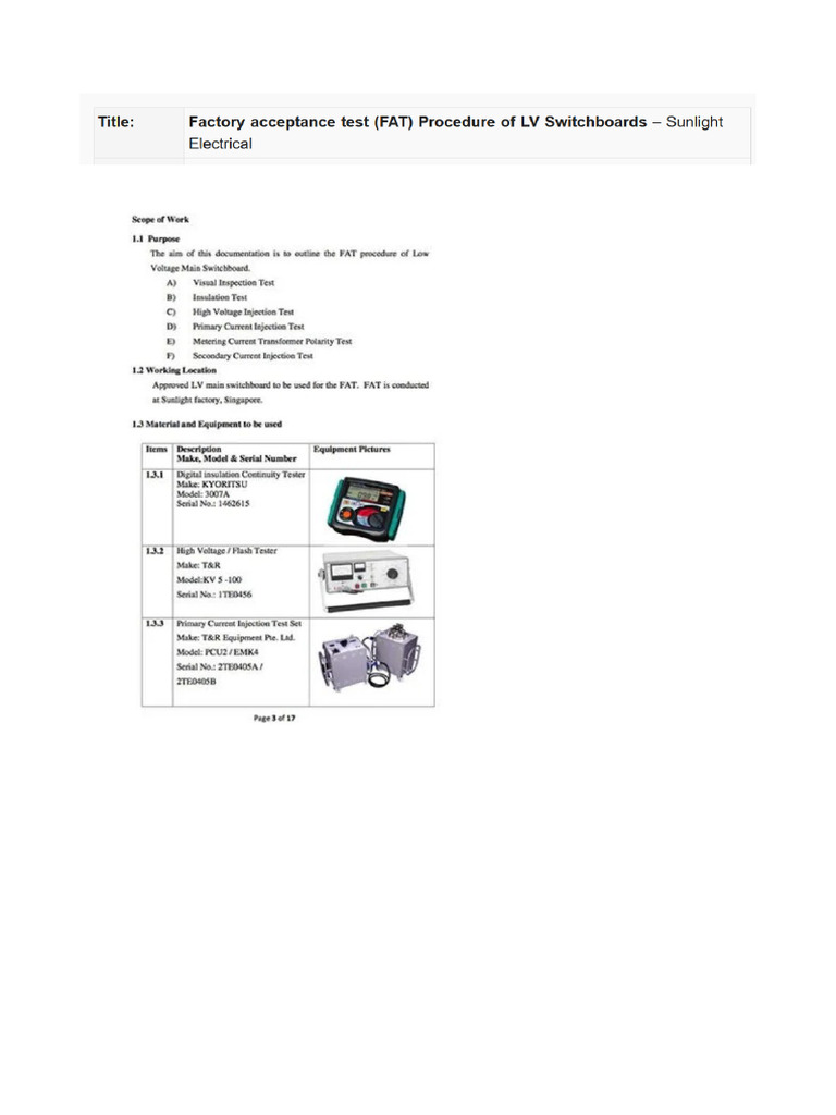 Factory Acceptance Test Procedure For LV Cabin | PDF
