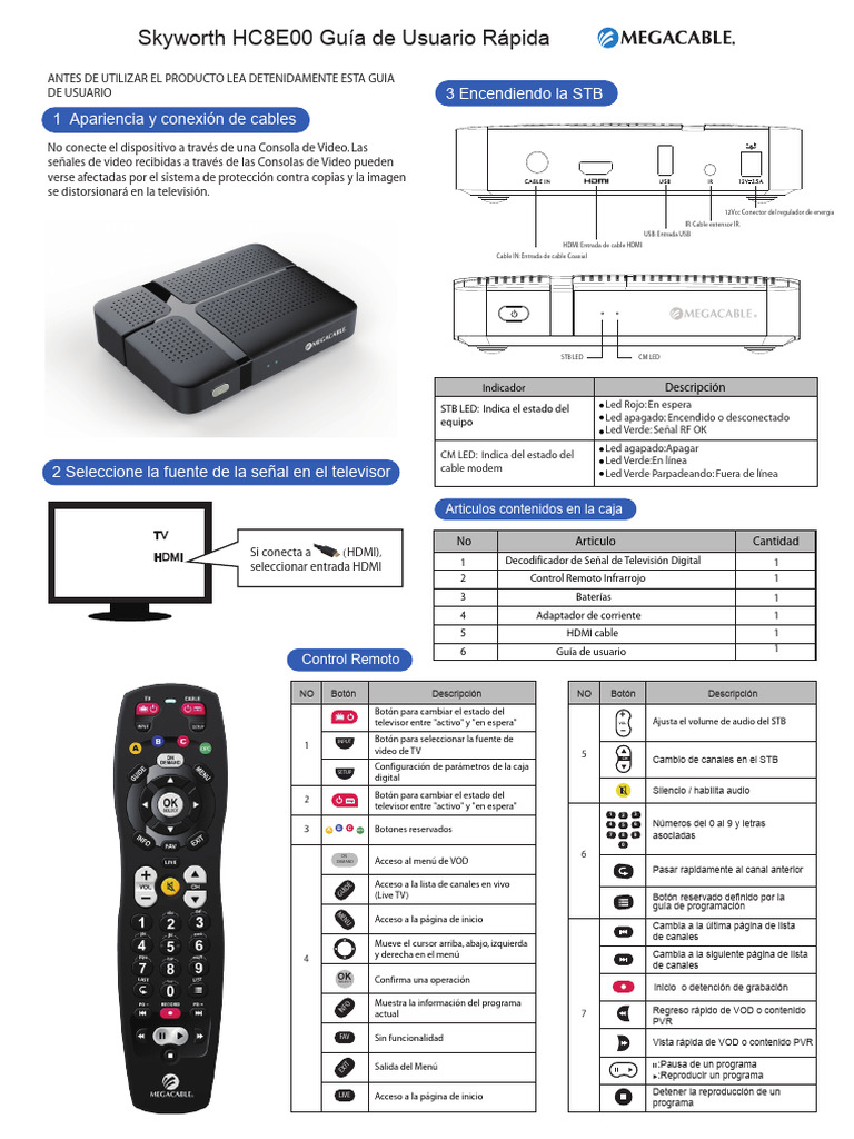 Skyworth HC8E00 Guía de Usuario Rápida: 1 Apariencia y Conexión de Cables 3 Encendiendo La STB | PDF