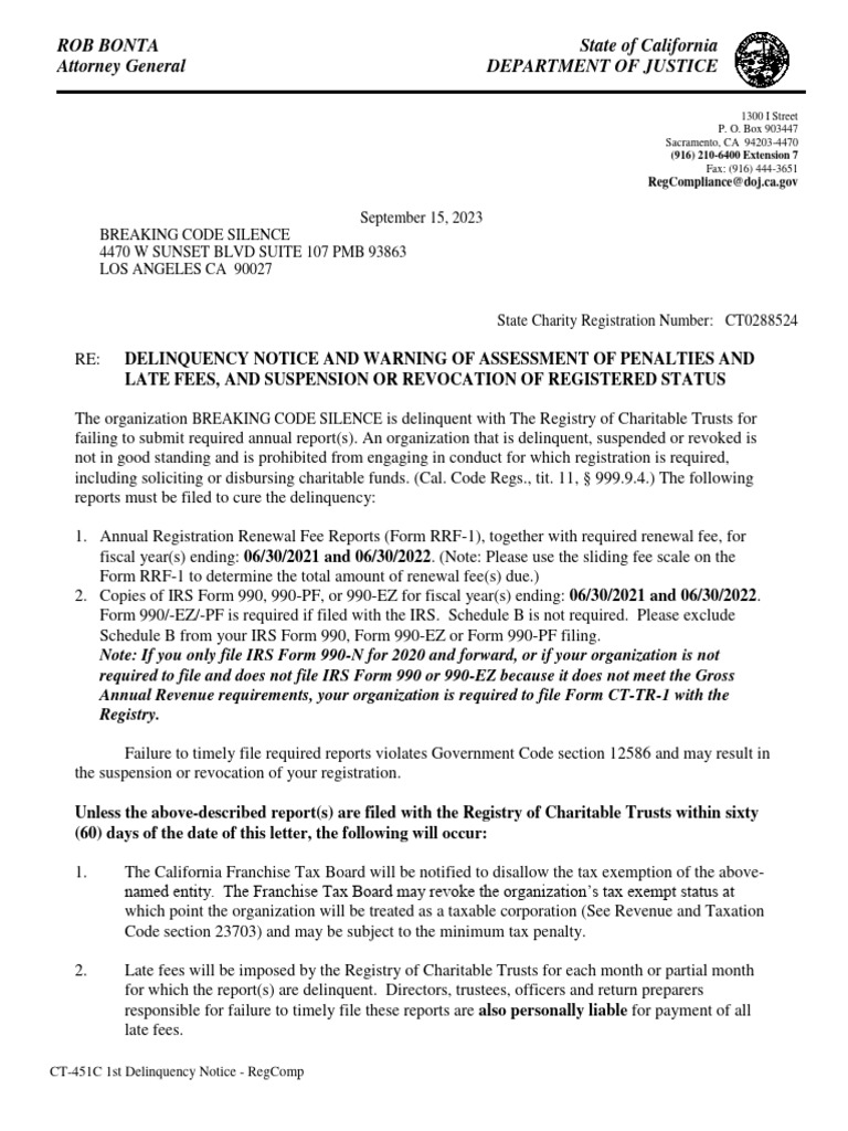Delinquency Notice for Charity Compliance | PDF
