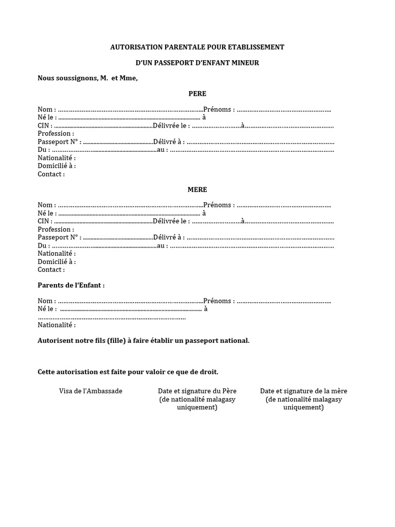 Autorisation Parentale Etablissement Passeport | PDF