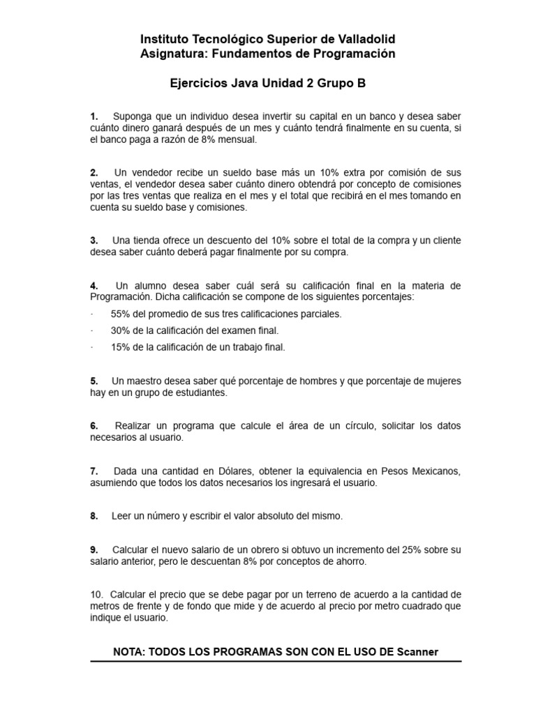 Ejercicios Java Unidad II (Grupo B) | PDF