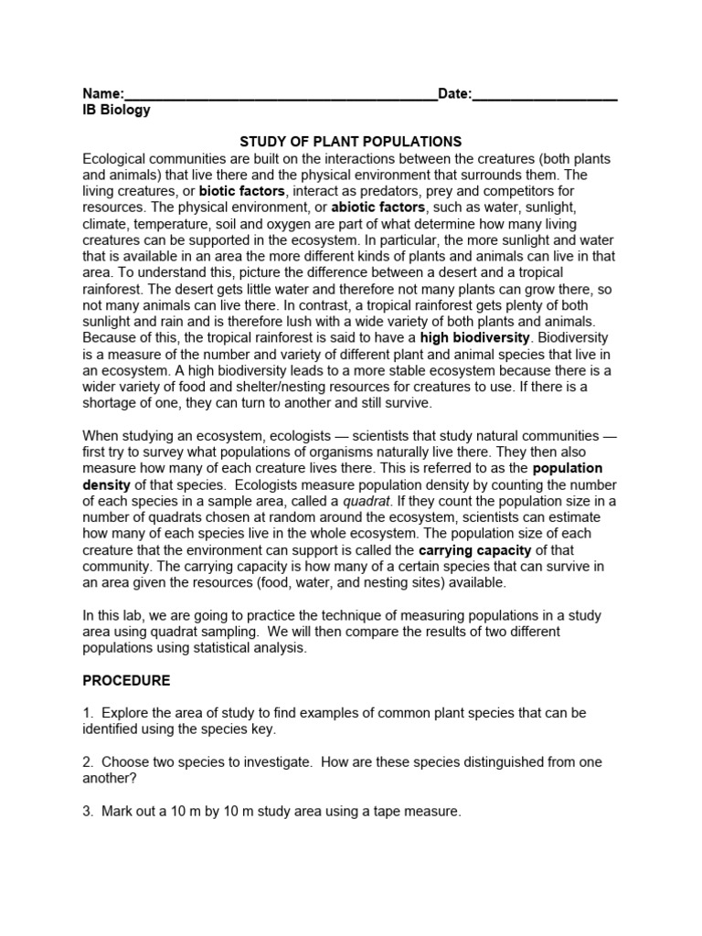 Quadrat Sampling Lab | PDF | Science & Mathematics