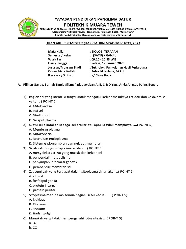 Soal Uas TPHP Biologi Terapan | PDF