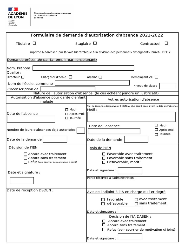 Demande d'autorisation d'absence 2021-2022 | PDF