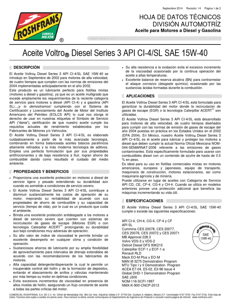 43 HDT Voltro Diesel S 3 Ci 4 15W 40 | Descargar gratis PDF | Motor diesel | Combustible diesel