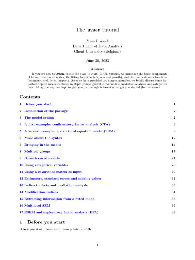 Tutorial Lavaan | PDF | Structural Equation Modeling | Dependent And ...